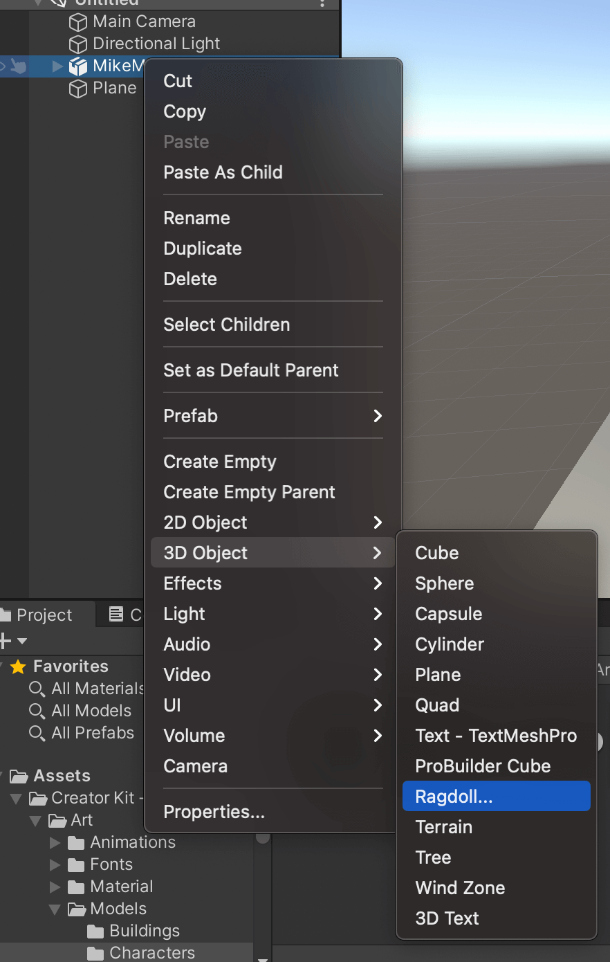 Create and set up a simple Ragdoll physics in Unity